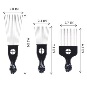 LEADUWAY 3 Pcs Hair Pick, Metal Picks for Afro Hair, Hair Picks for Women and Men, Afro Combs, Fist Pick for Hair, Hair Comb for Hair Styling Black