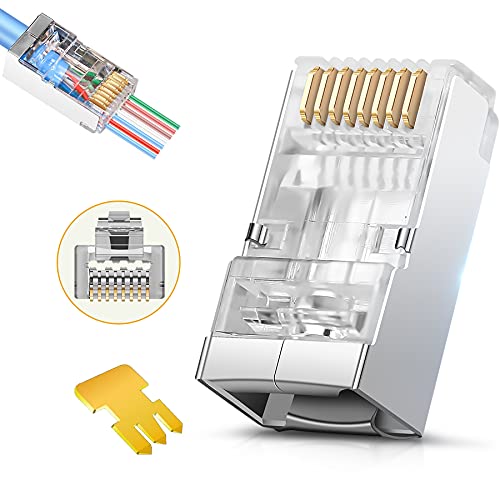 JODROAD Shielded RJ45 Cat6 Cat 6A Connectors - Pass Through Connector Gold Plated 3 Prong 8P8C Modular Plugs for FTP/STP Stranded Ethernet Cable & Solid Wire - 50 Pcs/Jar