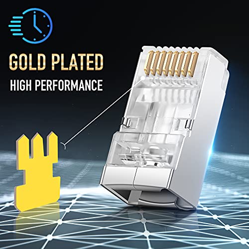 JODROAD Shielded RJ45 Cat6 Cat 6A Connectors - Pass Through Connector Gold Plated 3 Prong 8P8C Modular Plugs for FTP/STP Stranded Ethernet Cable & Solid Wire - 50 Pcs/Jar