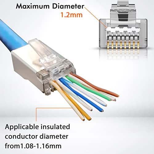 JODROAD Shielded RJ45 Cat6 Cat 6A Connectors - Pass Through Connector Gold Plated 3 Prong 8P8C Modular Plugs for FTP/STP Stranded Ethernet Cable & Solid Wire - 50 Pcs/Jar