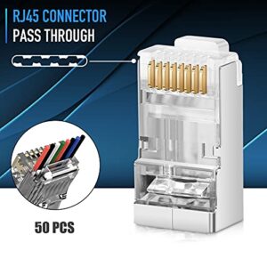 JODROAD Shielded RJ45 Cat6 Cat 6A Connectors - Pass Through Connector Gold Plated 3 Prong 8P8C Modular Plugs for FTP/STP Stranded Ethernet Cable & Solid Wire - 50 Pcs/Jar