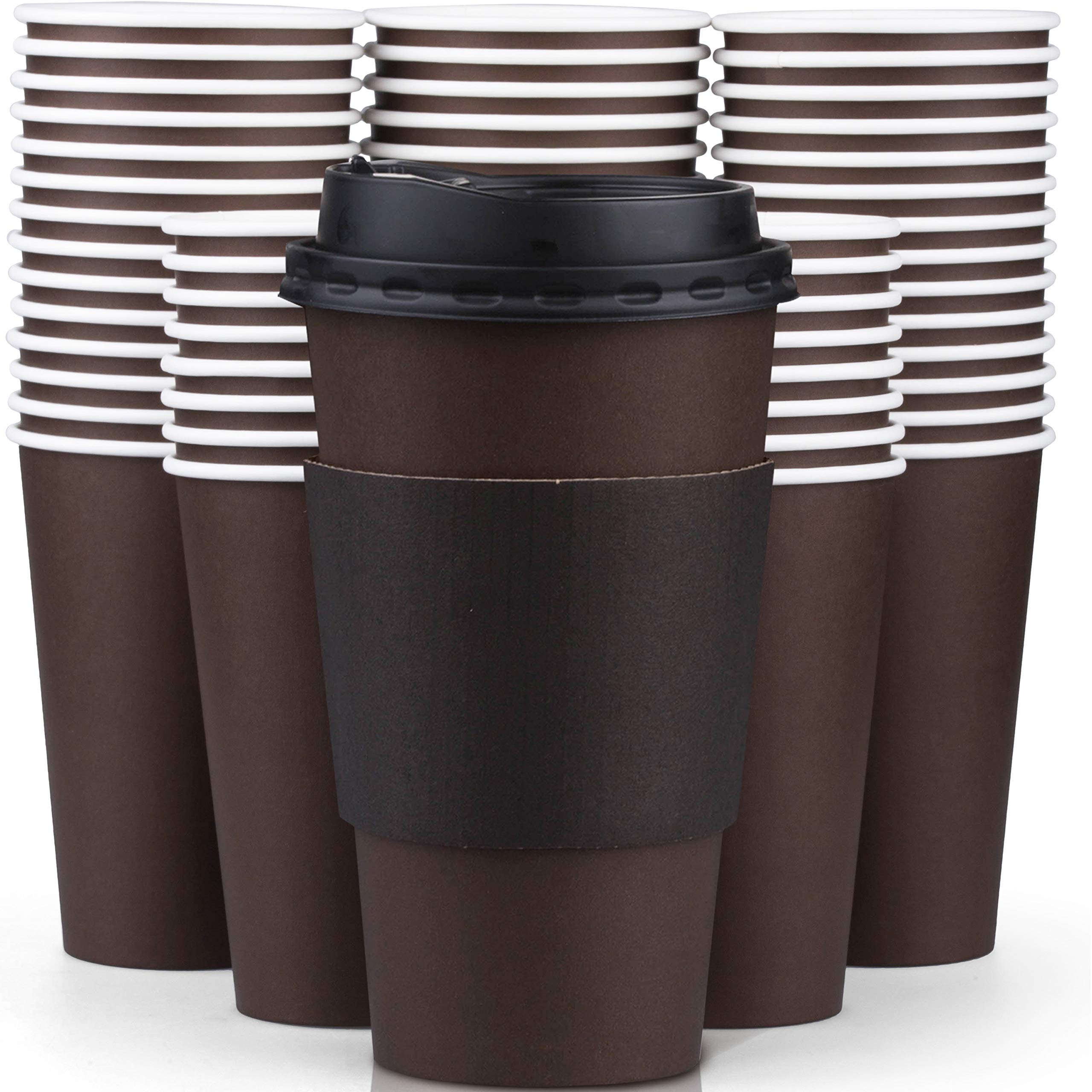 Promora 16 oz Brown Disposable Coffee Cups with Lids & Sleeves, Hot Coffee Cup Sleeves Disposable, Premium Insulated To Go Coffee Paper Cups with Lids & Sleeves (16 oz, Pack of 100) Brown and Black