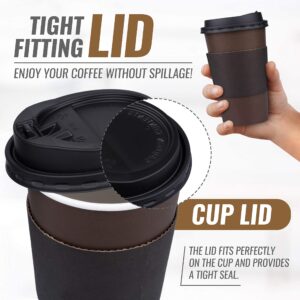 Promora 16 oz Brown Disposable Coffee Cups with Lids & Sleeves, Hot Coffee Cup Sleeves Disposable, Premium Insulated To Go Coffee Paper Cups with Lids & Sleeves (16 oz, Pack of 100) Brown and Black