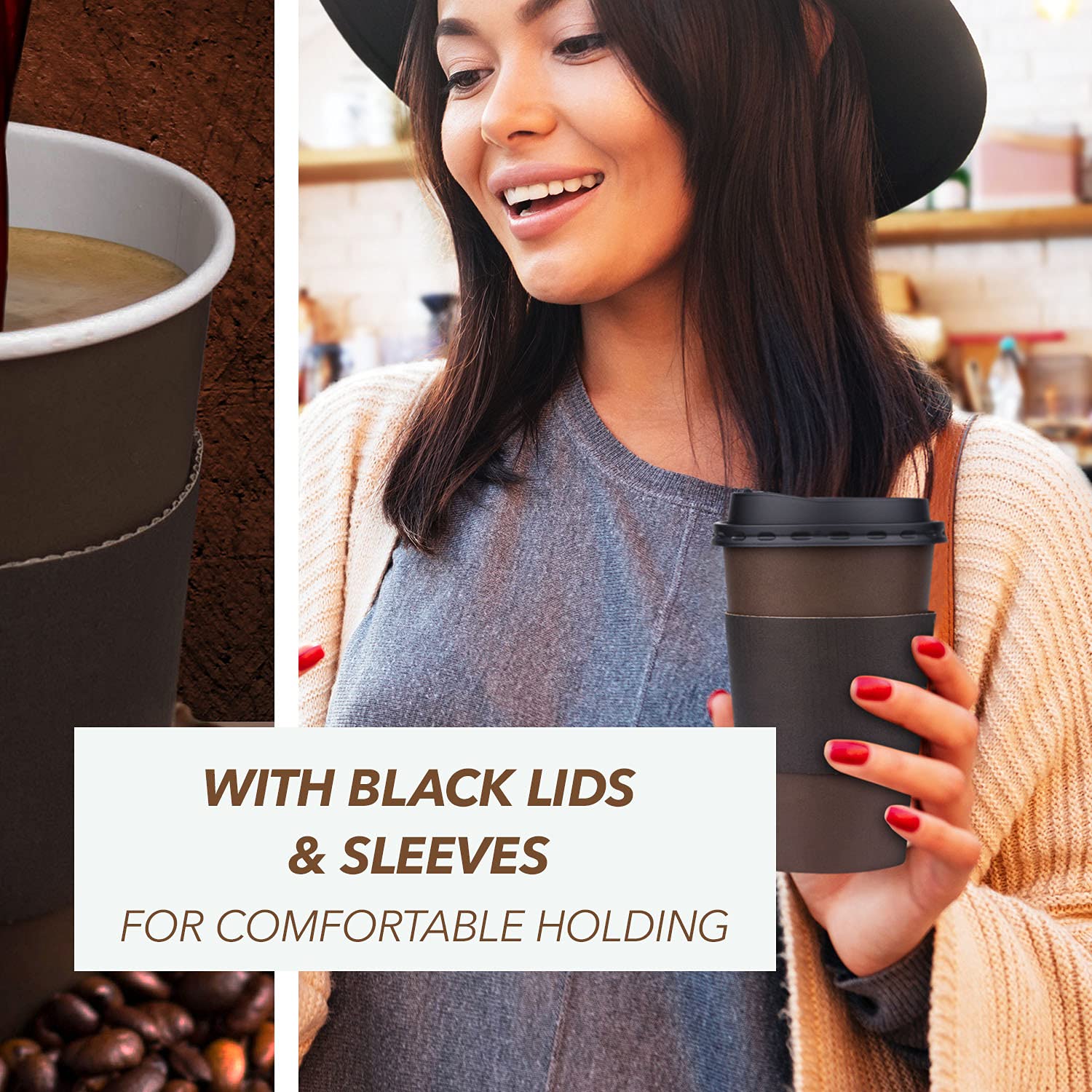 Promora 16 oz Brown Disposable Coffee Cups with Lids & Sleeves, Hot Coffee Cup Sleeves Disposable, Premium Insulated To Go Coffee Paper Cups with Lids & Sleeves (16 oz, Pack of 100) Brown and Black