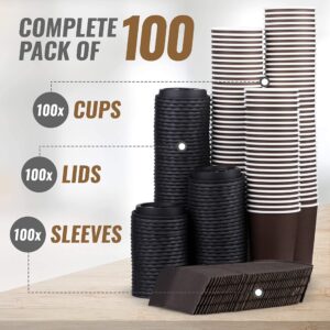 Promora 16 oz Brown Disposable Coffee Cups with Lids & Sleeves, Hot Coffee Cup Sleeves Disposable, Premium Insulated To Go Coffee Paper Cups with Lids & Sleeves (16 oz, Pack of 100) Brown and Black