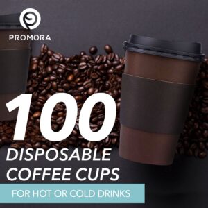 Promora 16 oz Brown Disposable Coffee Cups with Lids & Sleeves, Hot Coffee Cup Sleeves Disposable, Premium Insulated To Go Coffee Paper Cups with Lids & Sleeves (16 oz, Pack of 100) Brown and Black