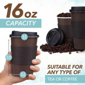 Promora 16 oz Brown Disposable Coffee Cups with Lids & Sleeves, Hot Coffee Cup Sleeves Disposable, Premium Insulated To Go Coffee Paper Cups with Lids & Sleeves (16 oz, Pack of 100) Brown and Black