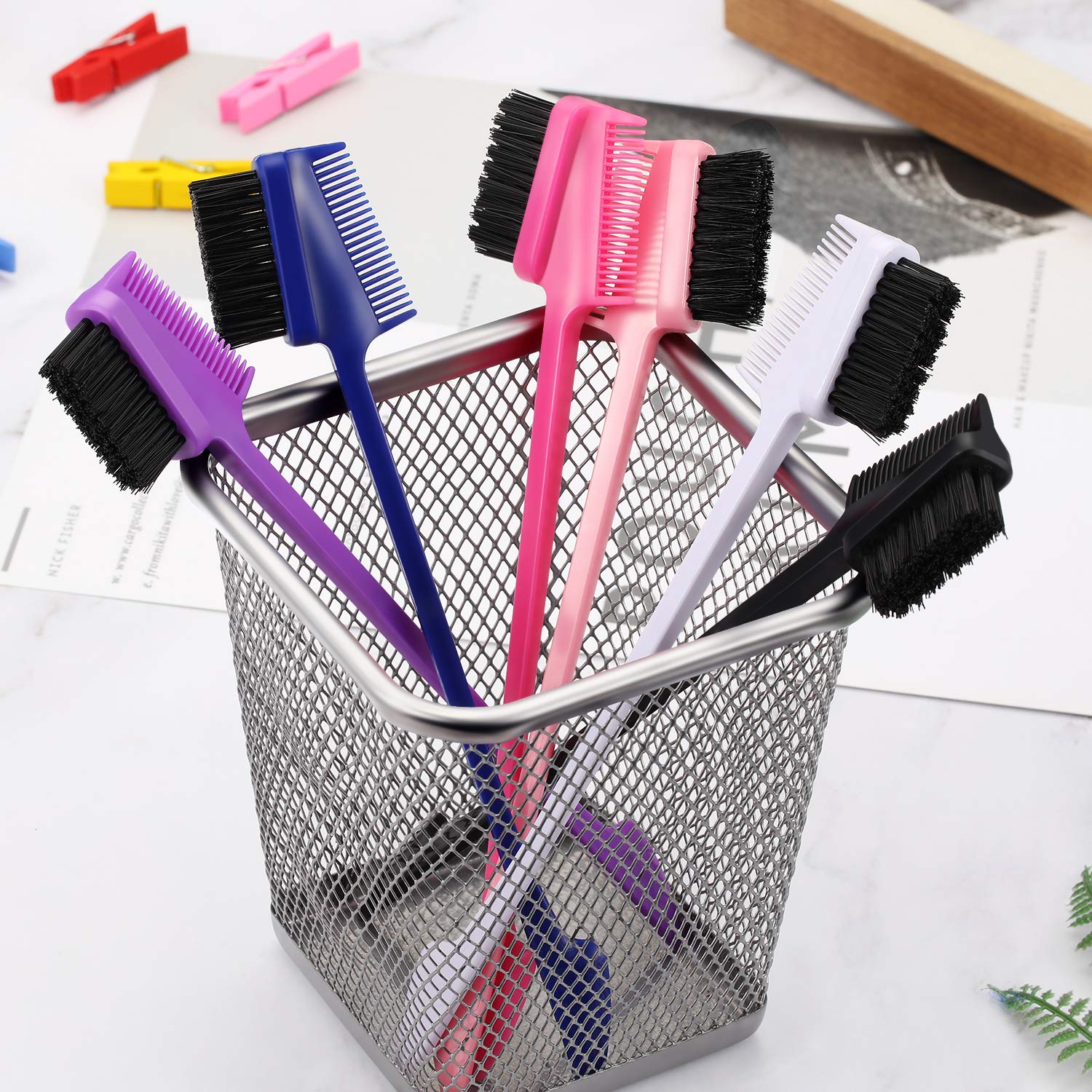 6 Pieces 3 in 1 Hair Edge Brush Double Sided Hair Comb Pack Smooth Brush Comb Grooming, 6 Colors