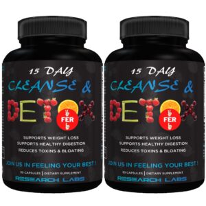 research labs 15 day colon cleanse & detox for less bloat flat tummy w/probiotics - 2 fer 1 - constipation relief - flushes toxins, boosts energy. clinically researched safe and effective formula