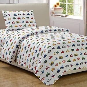 Mk Home 4pc Queen Size Sheet Set Police Cars Construction Trucks Airplane Blue Red Yellow Green Black New