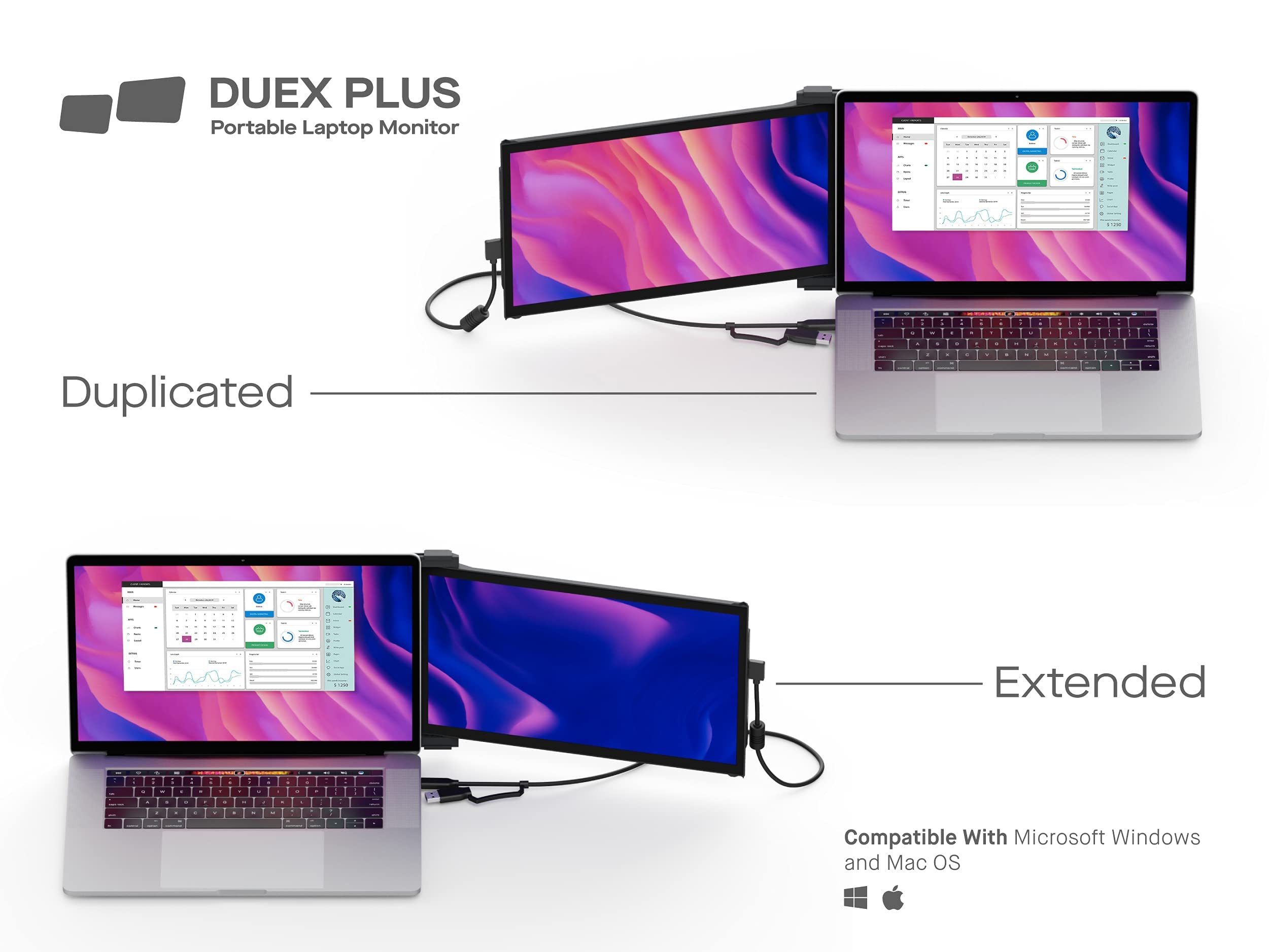 Mobile Pixels Duex Plus Portable Monitor for Laptops, USB C/USB A Plug and Play 13.3in FHD 1080p Laptop Screen Extender