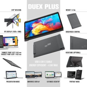 Mobile Pixels Duex Plus Portable Monitor for Laptops, USB C/USB A Plug and Play 13.3in FHD 1080p Laptop Screen Extender