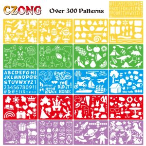 czong 21 pieces drawing stencils set for kids over 300 different patterns to draw imaginative children's stories, washable craft/random colors journal stencil with 1 storage bag