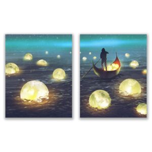 unframed pop prints anime river lights - set of 2 (8x10) glossy nature japanese painting wall art decor