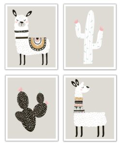 llama wall decor art posters - set of 4 11 x 14" professional grade prints (llama & cactus) for gifts, baby room, boy or girl room, kids, nursery room decor, playroom and classroom- boho room decor