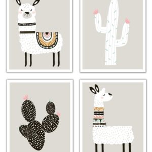 Llama Wall Decor Art Posters - Set of 4 11 x 14" Professional Grade Prints (Llama & Cactus) for Gifts, Baby Room, Boy or Girl Room, Kids, Nursery Room Decor, Playroom and classroom- Boho room decor