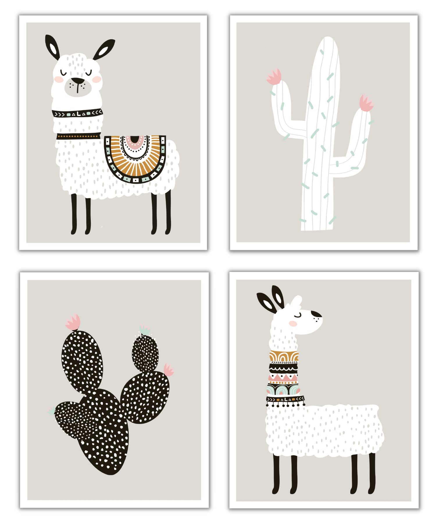 Llama Wall Decor Art Posters - Set of 4 11 x 14" Professional Grade Prints (Llama & Cactus) for Gifts, Baby Room, Boy or Girl Room, Kids, Nursery Room Decor, Playroom and classroom- Boho room decor