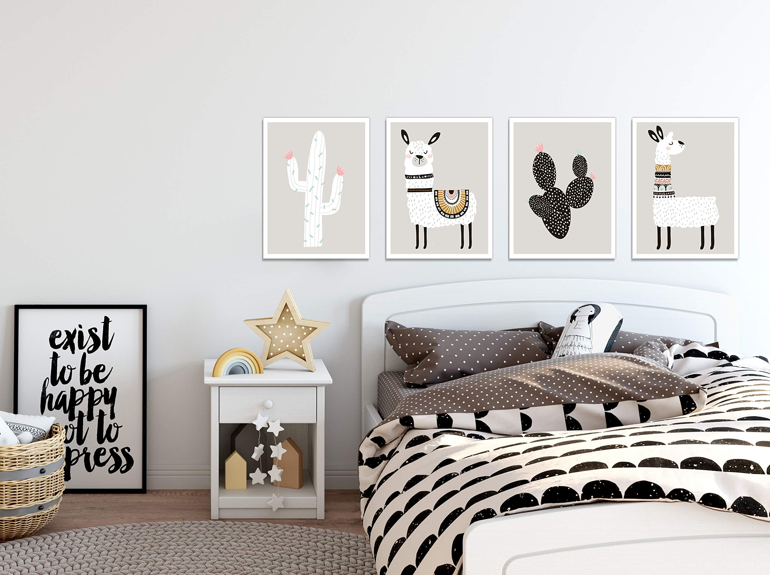 Llama Wall Decor Art Posters - Set of 4 11 x 14" Professional Grade Prints (Llama & Cactus) for Gifts, Baby Room, Boy or Girl Room, Kids, Nursery Room Decor, Playroom and classroom- Boho room decor