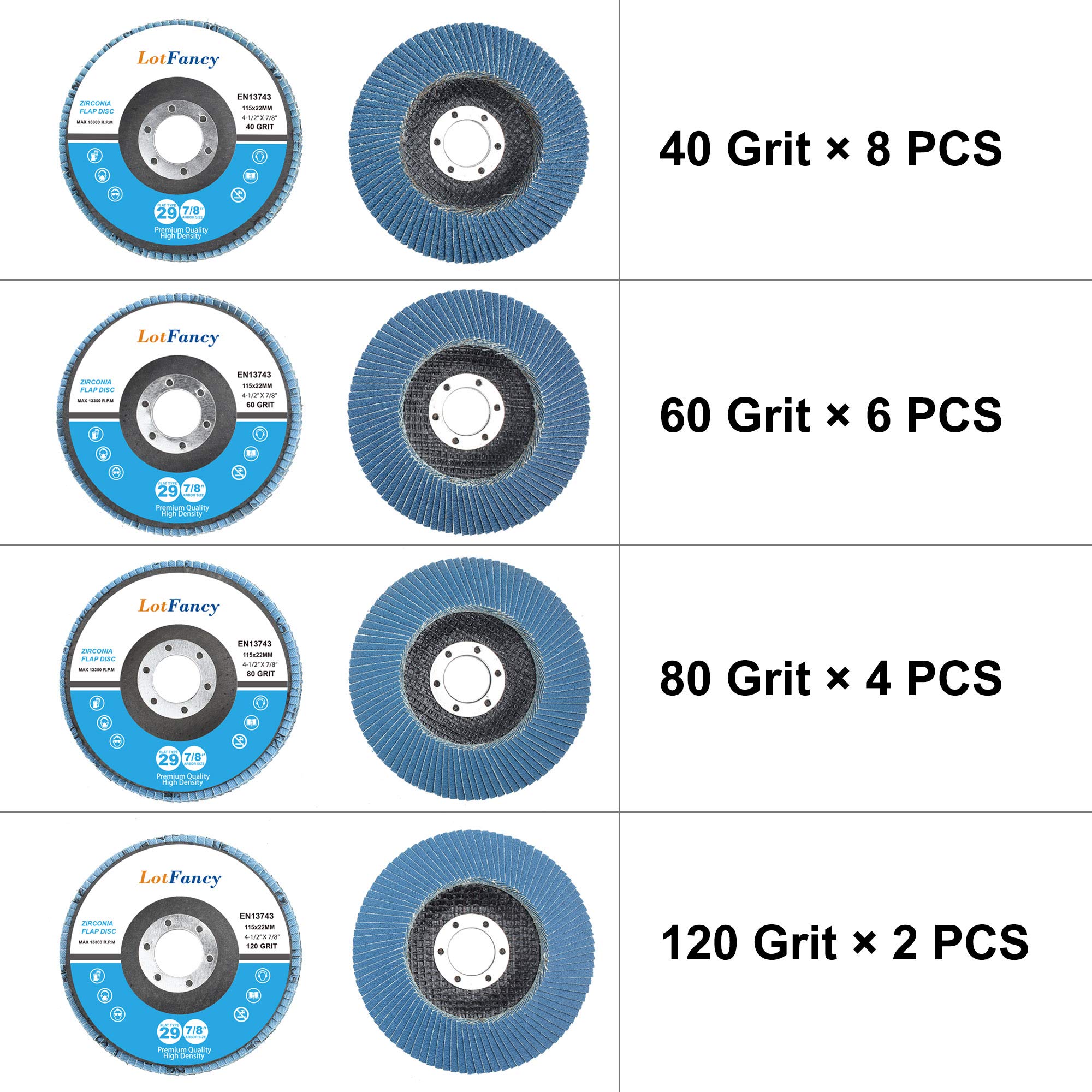 LotFancy Flap Discs 4 1/2 for Angle Grinder, 20PCS, Type 29, High Density Jumbo Sanding Disc Grinding Wheels, 40 60 80 120 Grit, Premium Zirconia Abrasive, 4.5" x 7/8"