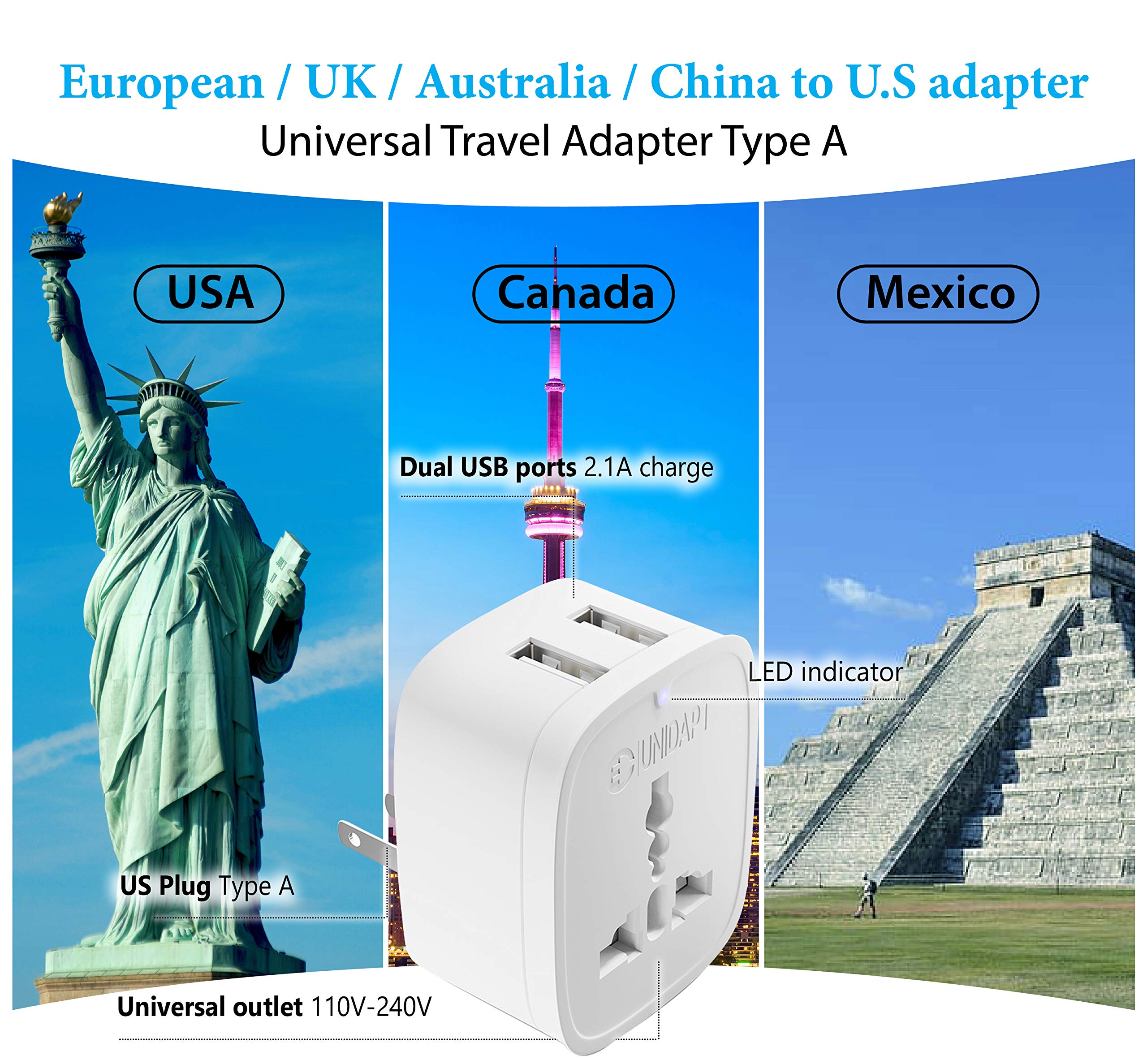 China to US Plug Adapter, Unidapt European to US Pin Converter with 2 USB Ports, 3 in1 Wall Charger Power Adapter, Travel from EU Australia China UK Europe to USA Canada Mexico Japan (Type A)