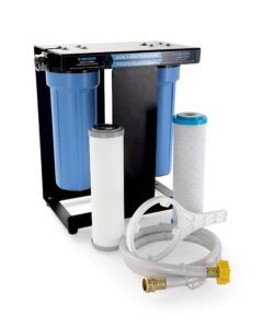 camco evo x2 dual stage camper/rv water filter kit | 2 stage filtration w/kdf & gac | filters out bad taste, odors, lead, bacteria & more | provides approx. 15,000 gallons of filtered water (40639)