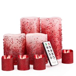 furora lighting red glitter real wax led candles with remote and timer, 4 pillars and 4 votives pack of 8, flameless flickering candles for home décor, battery included