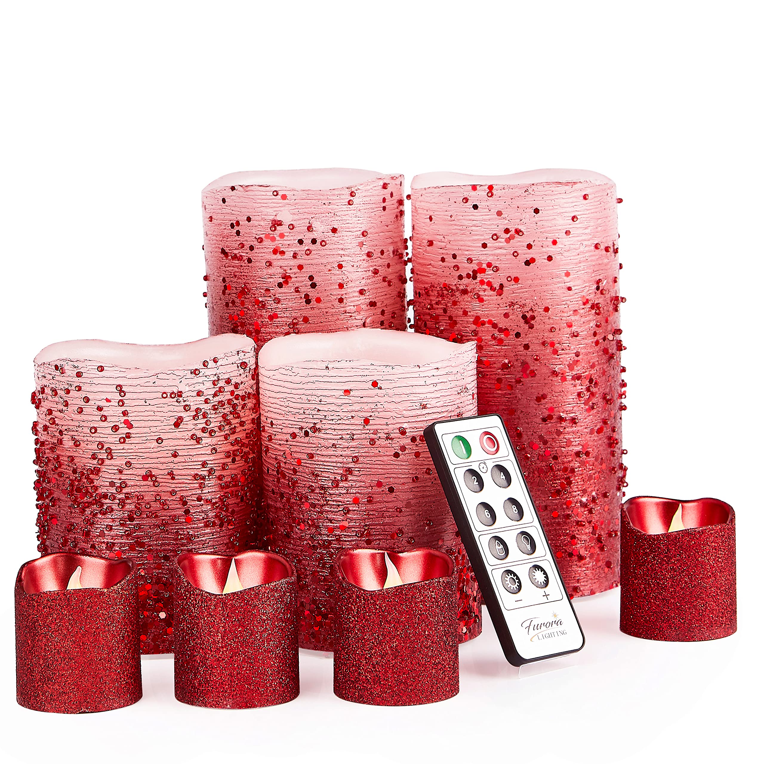 Furora LIGHTING Red Glitter Real Wax LED Candles with Remote and Timer, 4 Pillars and 4 Votives Pack of 8, Flameless Flickering Candles for Home Décor, Battery Included