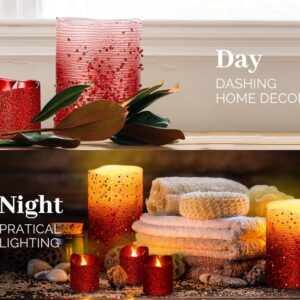 Furora LIGHTING Red Glitter Real Wax LED Candles with Remote and Timer, 4 Pillars and 4 Votives Pack of 8, Flameless Flickering Candles for Home Décor, Battery Included