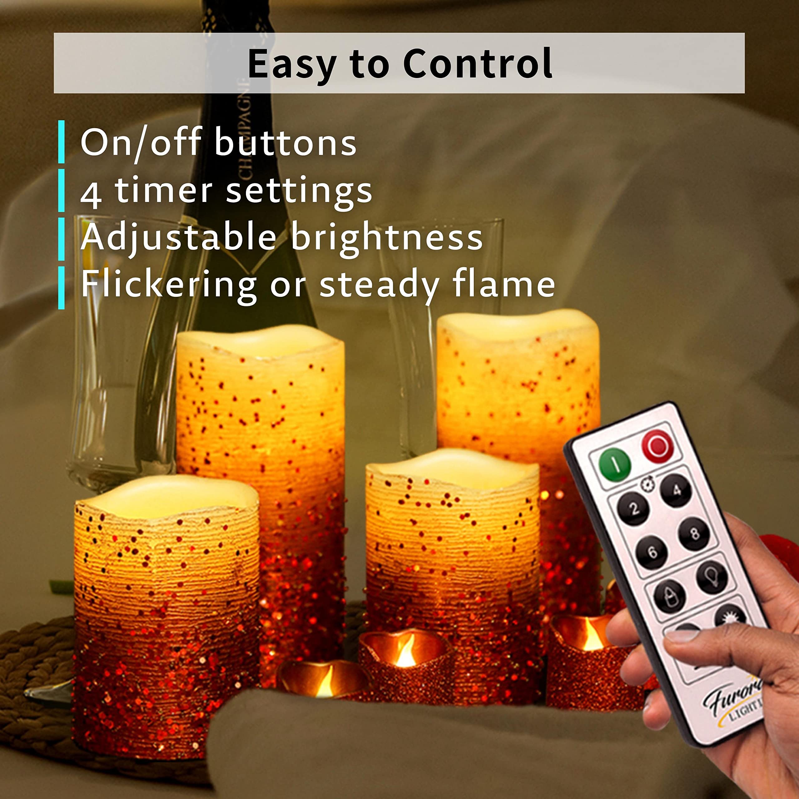 Furora LIGHTING Red Glitter Real Wax LED Candles with Remote and Timer, 4 Pillars and 4 Votives Pack of 8, Flameless Flickering Candles for Home Décor, Battery Included