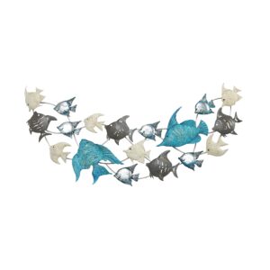 modernist home school of 18 fish wall art, crescent, vivid blue with shimmery silver, muted grey and beige paint, iron, 5 feet wide (2.75 l x 59 w x 31.5 h inches) home wall decor