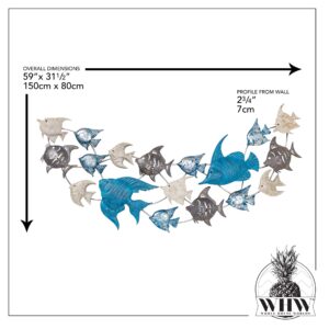 MODERNIST HOME School of 18 Fish Wall Art, Crescent, Vivid Blue with Shimmery Silver, Muted Grey and Beige Paint, Iron, 5 Feet Wide (2.75 L x 59 W x 31.5 H Inches) Home Wall Decor