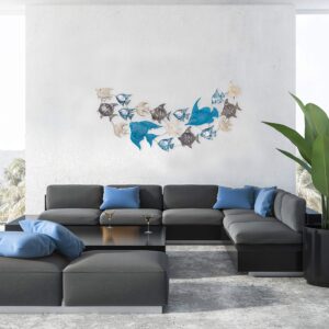 MODERNIST HOME School of 18 Fish Wall Art, Crescent, Vivid Blue with Shimmery Silver, Muted Grey and Beige Paint, Iron, 5 Feet Wide (2.75 L x 59 W x 31.5 H Inches) Home Wall Decor