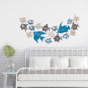 MODERNIST HOME School of 18 Fish Wall Art, Crescent, Vivid Blue with Shimmery Silver, Muted Grey and Beige Paint, Iron, 5 Feet Wide (2.75 L x 59 W x 31.5 H Inches) Home Wall Decor