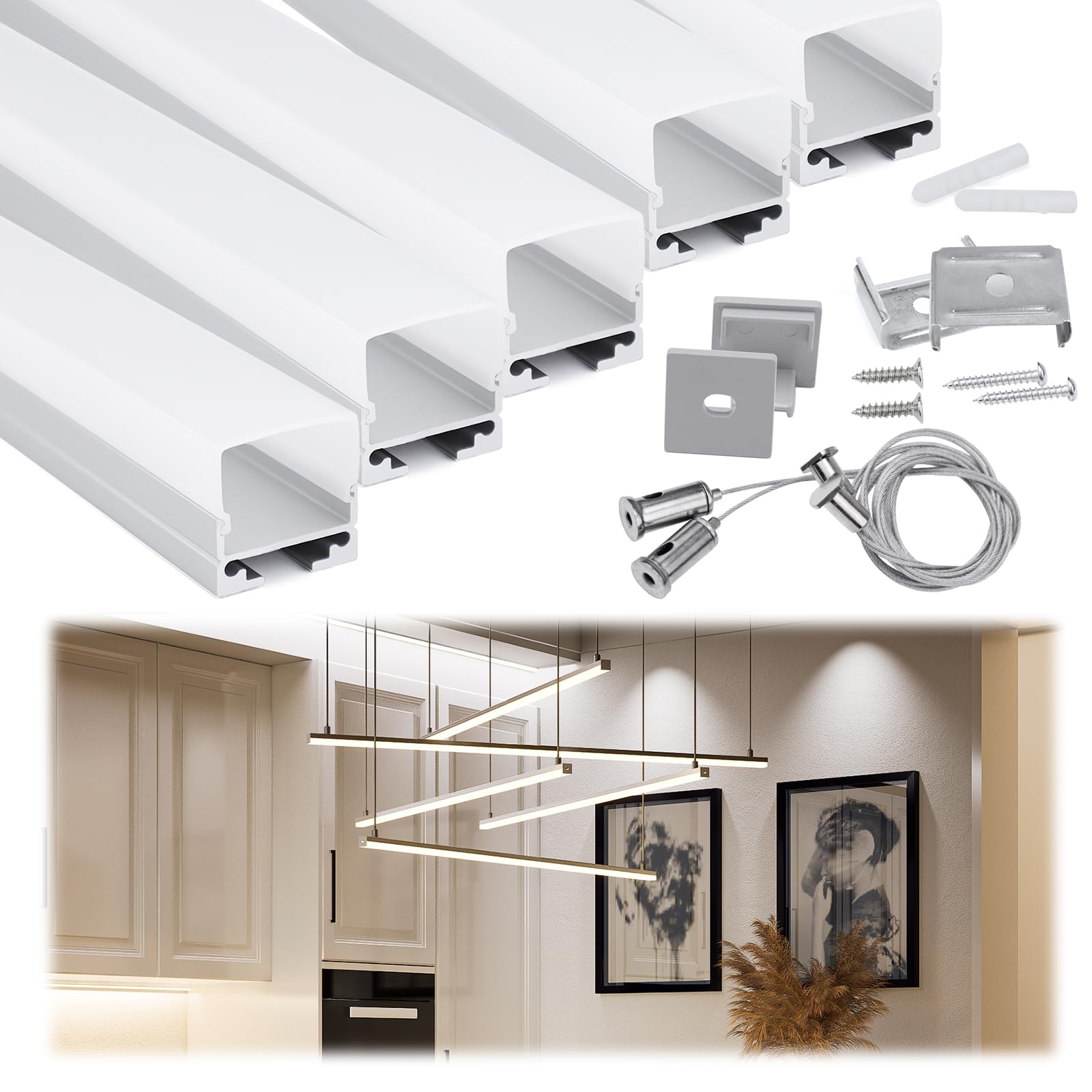 Muzata 5Pack 3.3ft/1M LED Strip Channel with Hanging Wire, Spotless Frosted Diffuser Cover for Garages, Workshops Ceiling Light Daylight, Wide FlushMount Aluminum Profile Track U116 WW, LS2