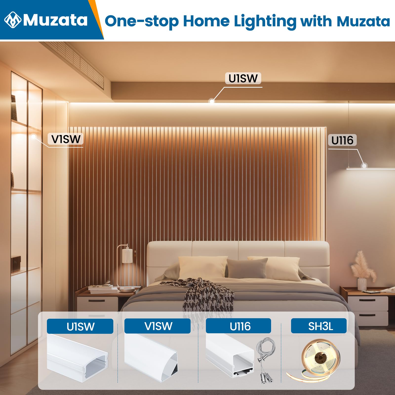 Muzata 5Pack 3.3ft/1M LED Strip Channel with Hanging Wire, Spotless Frosted Diffuser Cover for Garages, Workshops Ceiling Light Daylight, Wide FlushMount Aluminum Profile Track U116 WW, LS2