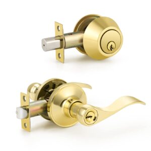 keyed alike entrance lock lever combo set,3 set entry lever with single cylinder deadbolts in polished brass,wave door levers exterior,entrance door lockset with deadbolts,front entry handle golden