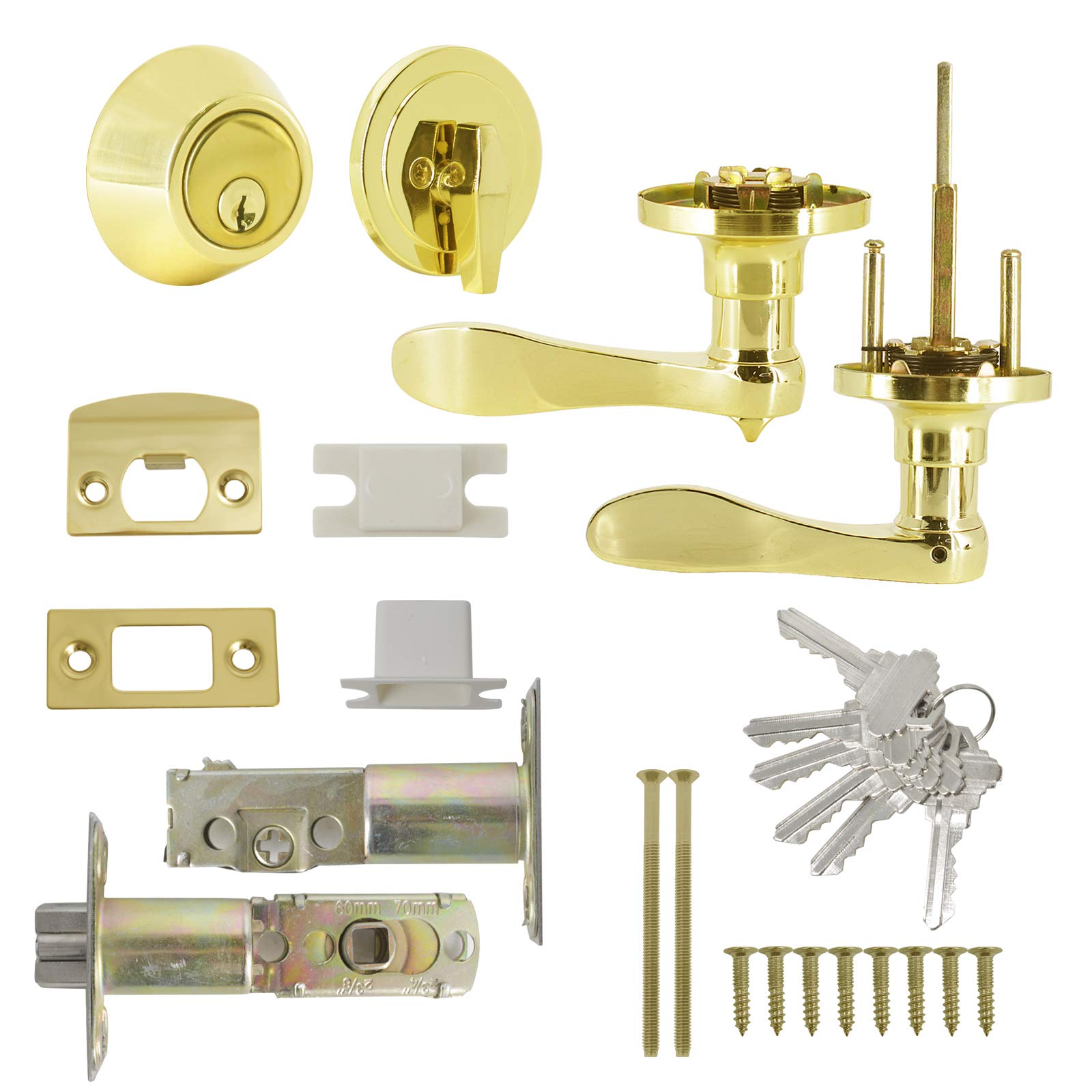 Keyed Alike Entrance Lock Lever Combo Set,3 Set Entry Lever with Single Cylinder Deadbolts in Polished Brass,Wave Door Levers Exterior,Entrance Door Lockset with Deadbolts,Front Entry Handle Golden