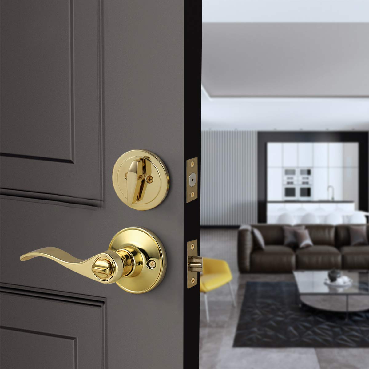 Keyed Alike Entrance Lock Lever Combo Set,3 Set Entry Lever with Single Cylinder Deadbolts in Polished Brass,Wave Door Levers Exterior,Entrance Door Lockset with Deadbolts,Front Entry Handle Golden