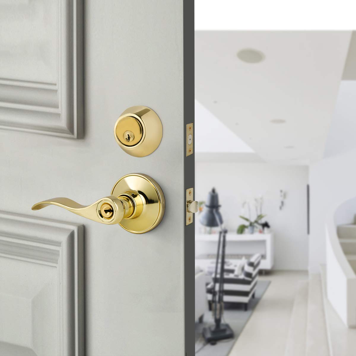 Keyed Alike Entrance Lock Lever Combo Set,3 Set Entry Lever with Single Cylinder Deadbolts in Polished Brass,Wave Door Levers Exterior,Entrance Door Lockset with Deadbolts,Front Entry Handle Golden