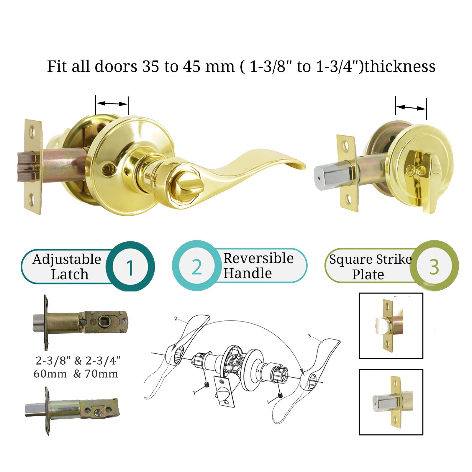 Keyed Alike Entrance Lock Lever Combo Set,3 Set Entry Lever with Single Cylinder Deadbolts in Polished Brass,Wave Door Levers Exterior,Entrance Door Lockset with Deadbolts,Front Entry Handle Golden