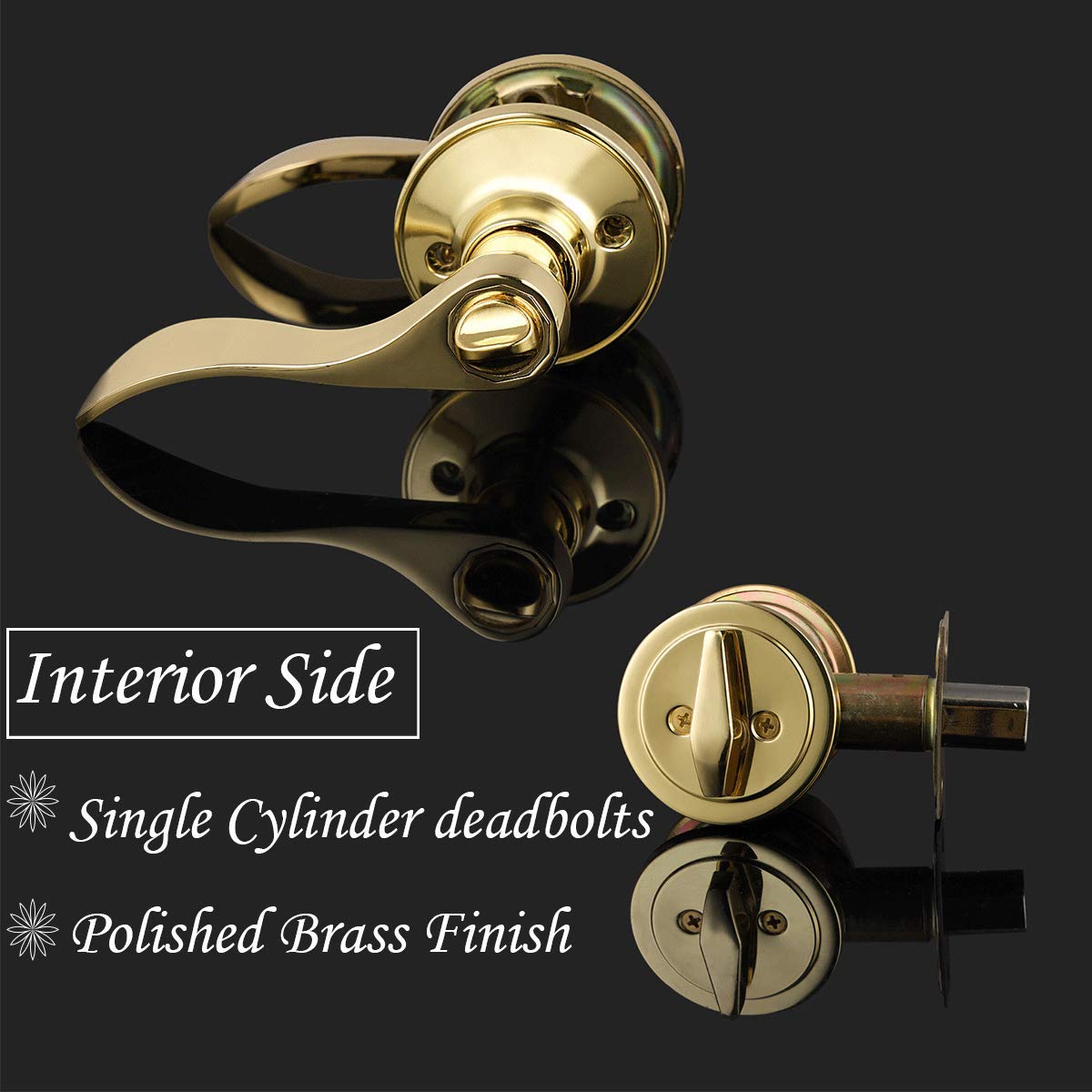 Keyed Alike Entrance Lock Lever Combo Set,3 Set Entry Lever with Single Cylinder Deadbolts in Polished Brass,Wave Door Levers Exterior,Entrance Door Lockset with Deadbolts,Front Entry Handle Golden