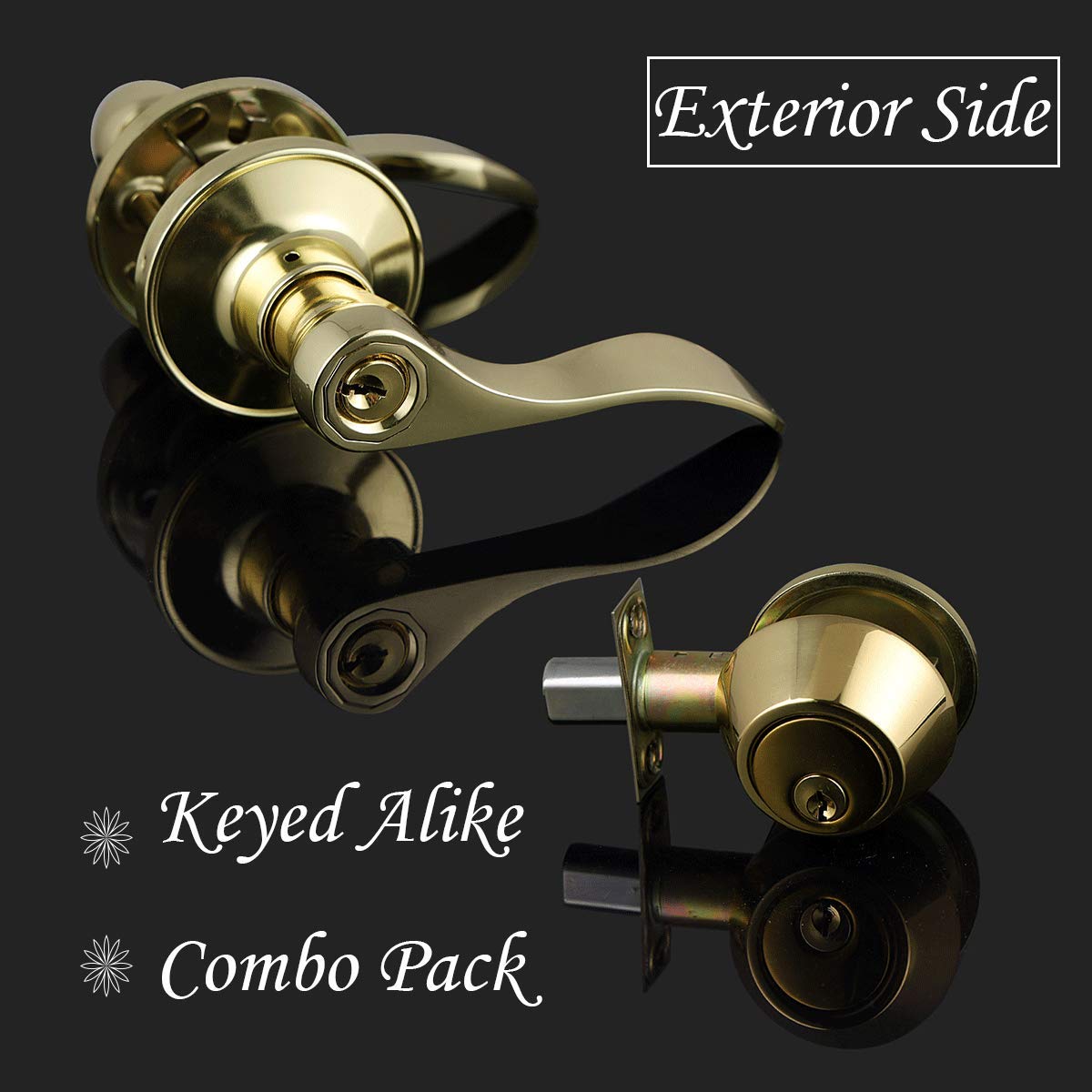 Keyed Alike Entrance Lock Lever Combo Set,3 Set Entry Lever with Single Cylinder Deadbolts in Polished Brass,Wave Door Levers Exterior,Entrance Door Lockset with Deadbolts,Front Entry Handle Golden