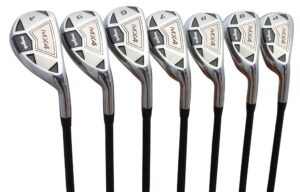 men’s majek mx4 hybrid iron set, which includes: #4, 5, 6, 7, 8, 9, pw senior flex right handed utility “a” flex clubs