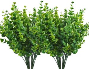 cattree artificial shrubs bushes, plastic eucalyptus leaves fake green plants wedding indoor outdoor home garden verandah kitchen office table centerpieces arrangements christmas decoration 5 pcs