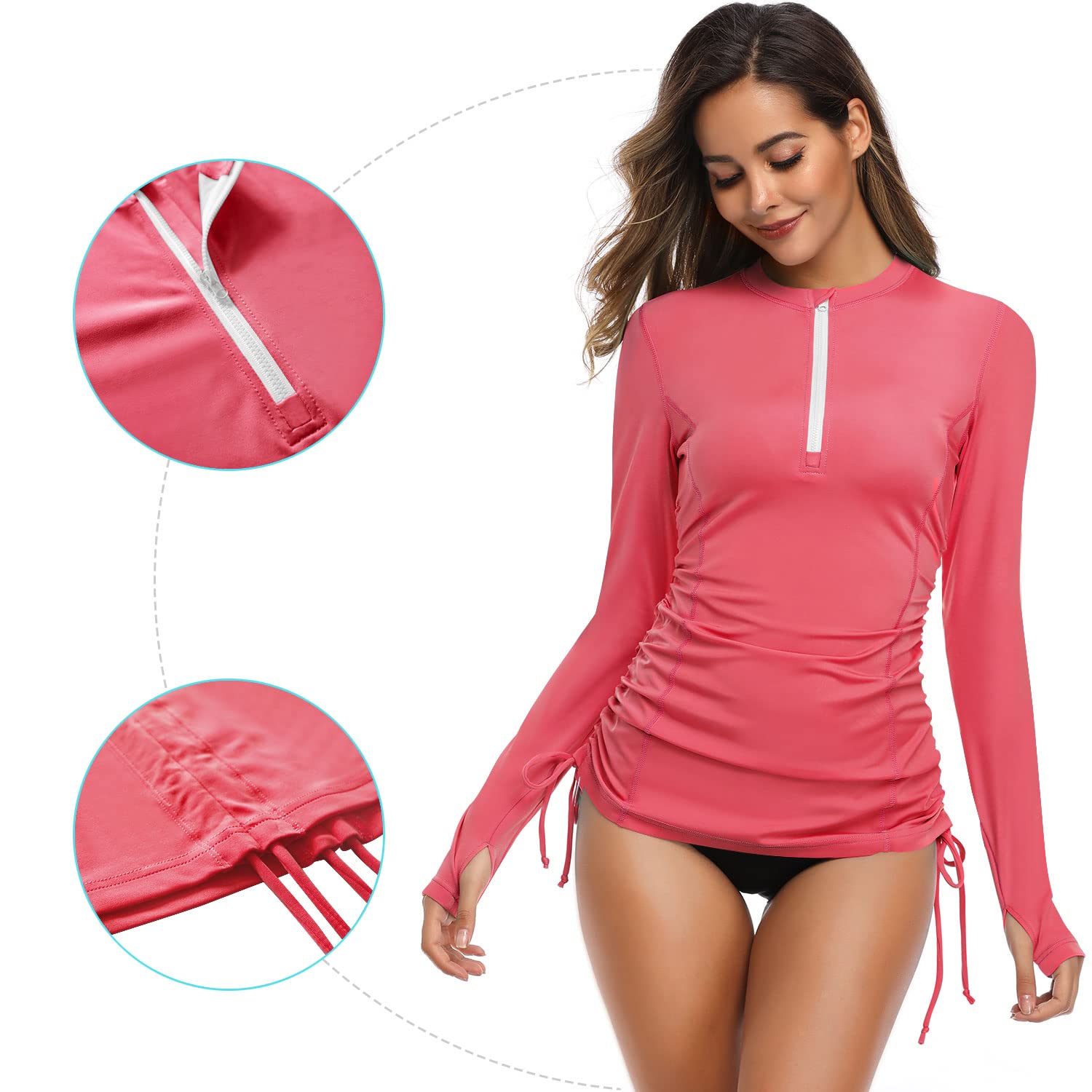 HISKYWIN Women's Long Sleeve UV Sun Protection Rash Guard Side Adjustable Wetsuit Swimsuit Top HF805-Pink-L