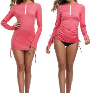 HISKYWIN Women's Long Sleeve UV Sun Protection Rash Guard Side Adjustable Wetsuit Swimsuit Top HF805-Pink-L