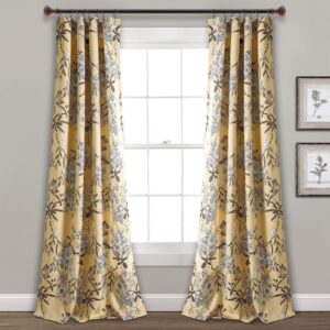 lush decor botanical garden curtains floral bird print light filtering window panel drapes set for living, dining, bedroom (pair), yellow, 52"w x 95l"