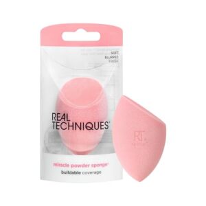 real techniques miracle powder sponge, makeup blending sponge for powder products, set makeup for natural finish & cloud skin, buildable coverage, velvet material, latex-free foam, 1 count