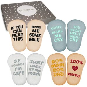 surbaby baby socks gift set- cute & funny unique baby shower gifts & registry idea-baby gift sets unisex – 90% cotton, anti slip, cutest gift box – socks with funny sayings (4 unique pairs)