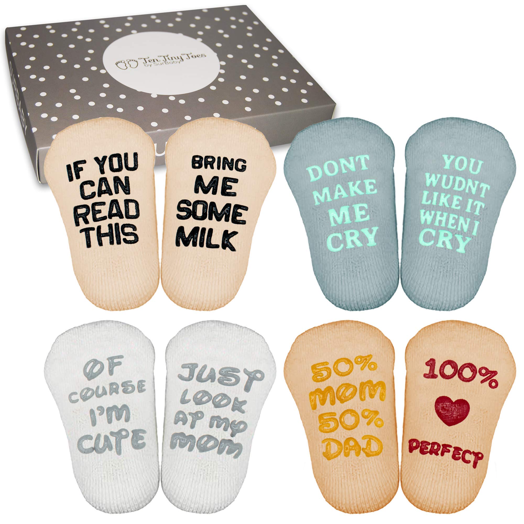 SurBaby Baby Socks Gift Set- Cute & Funny Unique Baby Shower Gifts & Registry Idea-Baby Gift Sets Unisex – 90% Cotton, Anti slip, Cutest Gift Box – Socks with Funny Sayings (4 unique pairs)